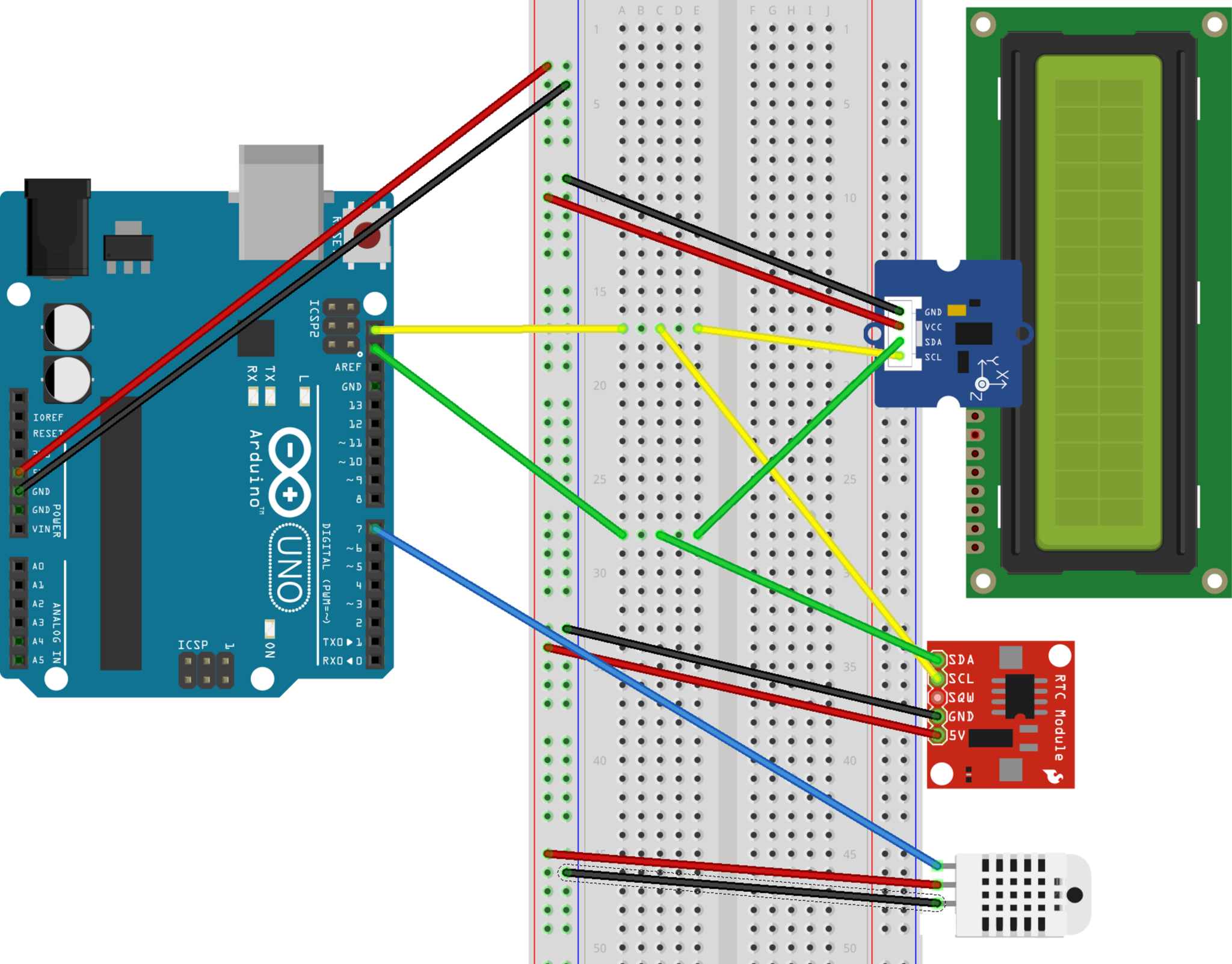 Arduino＃13 DS1307RTCとDHT11、LCD 1602 Module（液晶ディスプレイ）を使って、測定した日時と温度・湿度を、ディスプレイに表示してみた‼